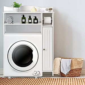 Hysache Over-The-Toilet Storage Organizer, Home Bathroom Space Saver w/ 2 Long Open Shelves, 1-Door Cabinet, Adjustable Shelf, Anti-Toppling Storage Rack, Freestanding Organizer Toilet Rack Stand