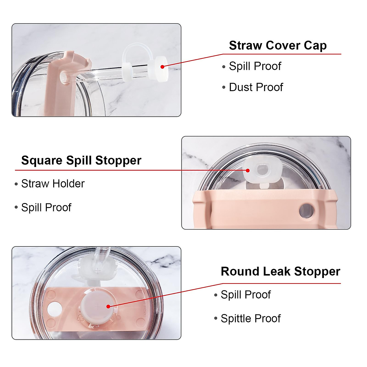 Straw Cover Spill Stopper Set Compatible with Stanley Cup 40 oz 30 oz Quencher H2.0, 2 Silicone Straw Cover Cap, 2 Square Spill Stopper and 2 Round Leak Stopper for Stanley Tumbler Accessories