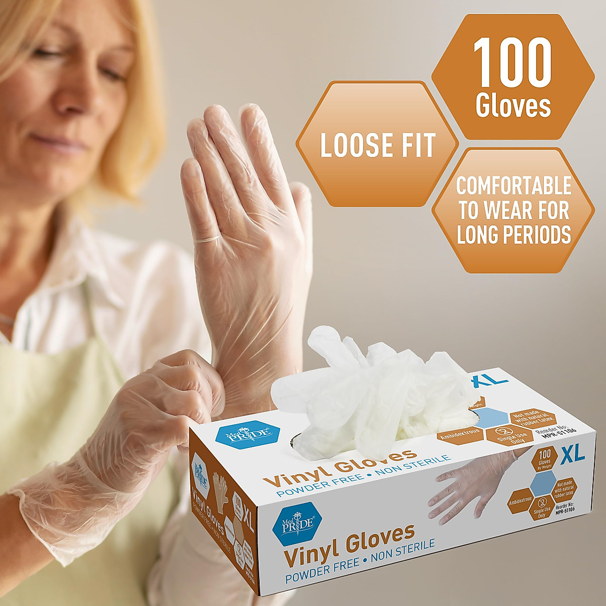 Med PRIDE Vinyl Gloves| Large Box of 100| 4.3 mil Thick, Powder-Free, Non-Sterile, Heavy Duty Disposable Gloves| Professional Grade for Healthcare, Medical, Food Handling, and More