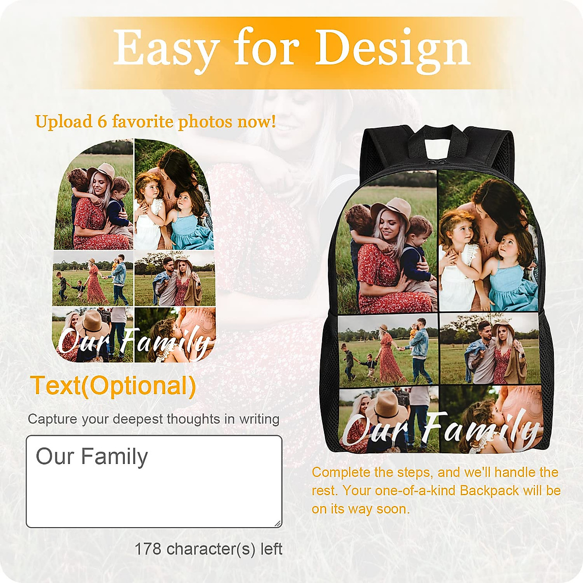 Boneker Custom Backpack Personalized Backpack with 1-9 Photo Customize Your Image Text Name Logo Waterproof Laptop Bag (6 Photos)