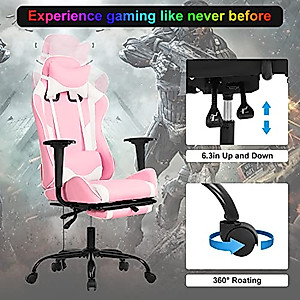 Gaming Chair Massage Office Chair PC Computer Chair Ergonomic Video Game Chairs PU Leather Recliner with Lumbar Support Headrest Armrest Footrest Rolling Swivel Desk Chair for Adults Teen, Pink