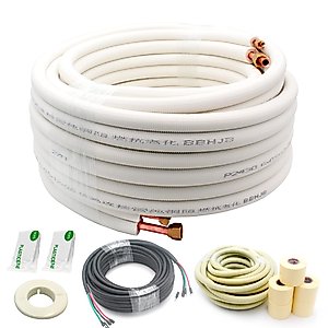 50ft Length Mini Split Line Set 1/4" 3/8" OD Copper Pipes Tubing and 3/8 White PE Thickened Insulated with Flared Nuts for Mini Split Air Conditioner HVAC or Heat Pump for 9000BTU (1/4+3/8 with wires)
