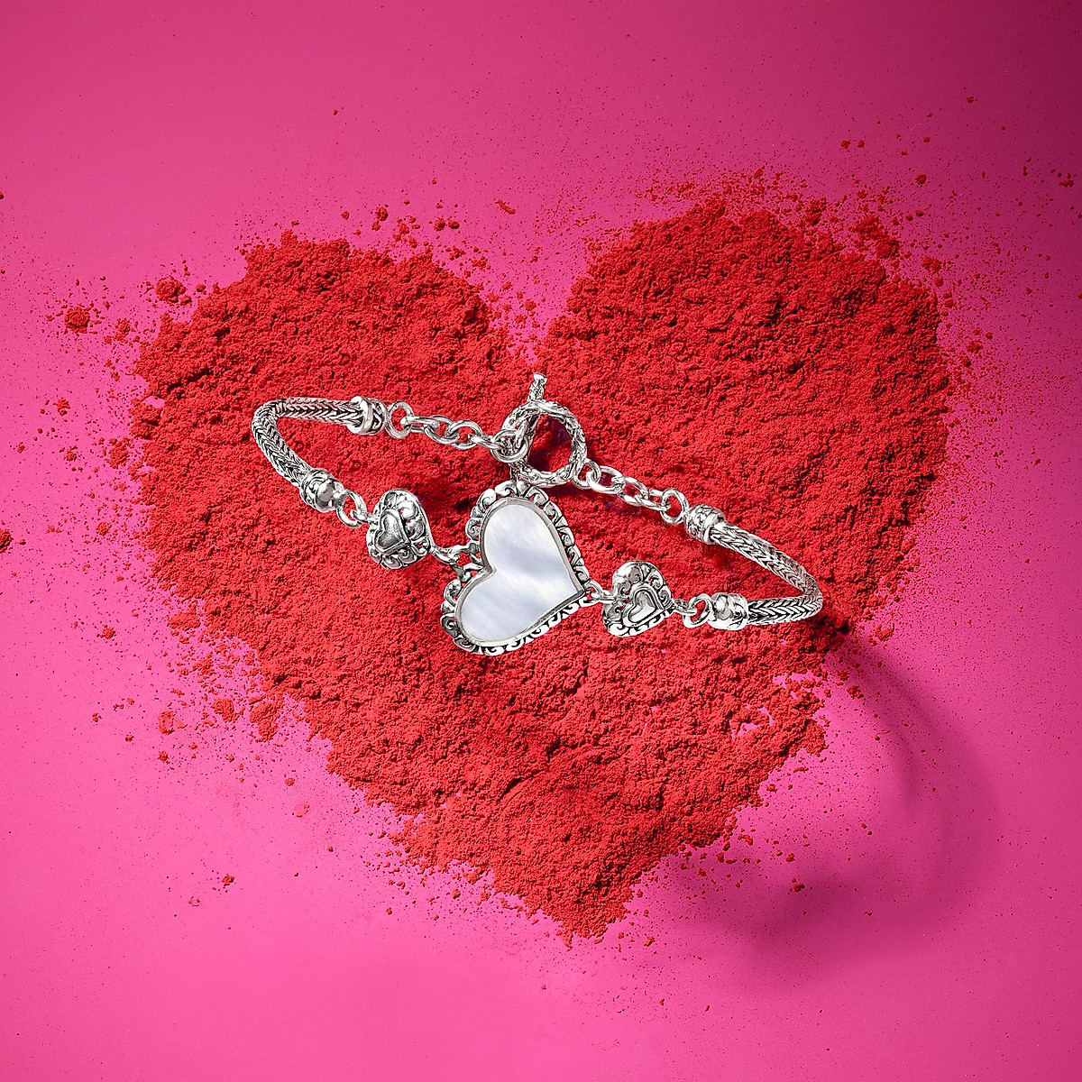 Ross-Simons 10x15mm Mother-Of-Pearl Bali-Style Heart Bracelet in Sterling Silver. 8 inches