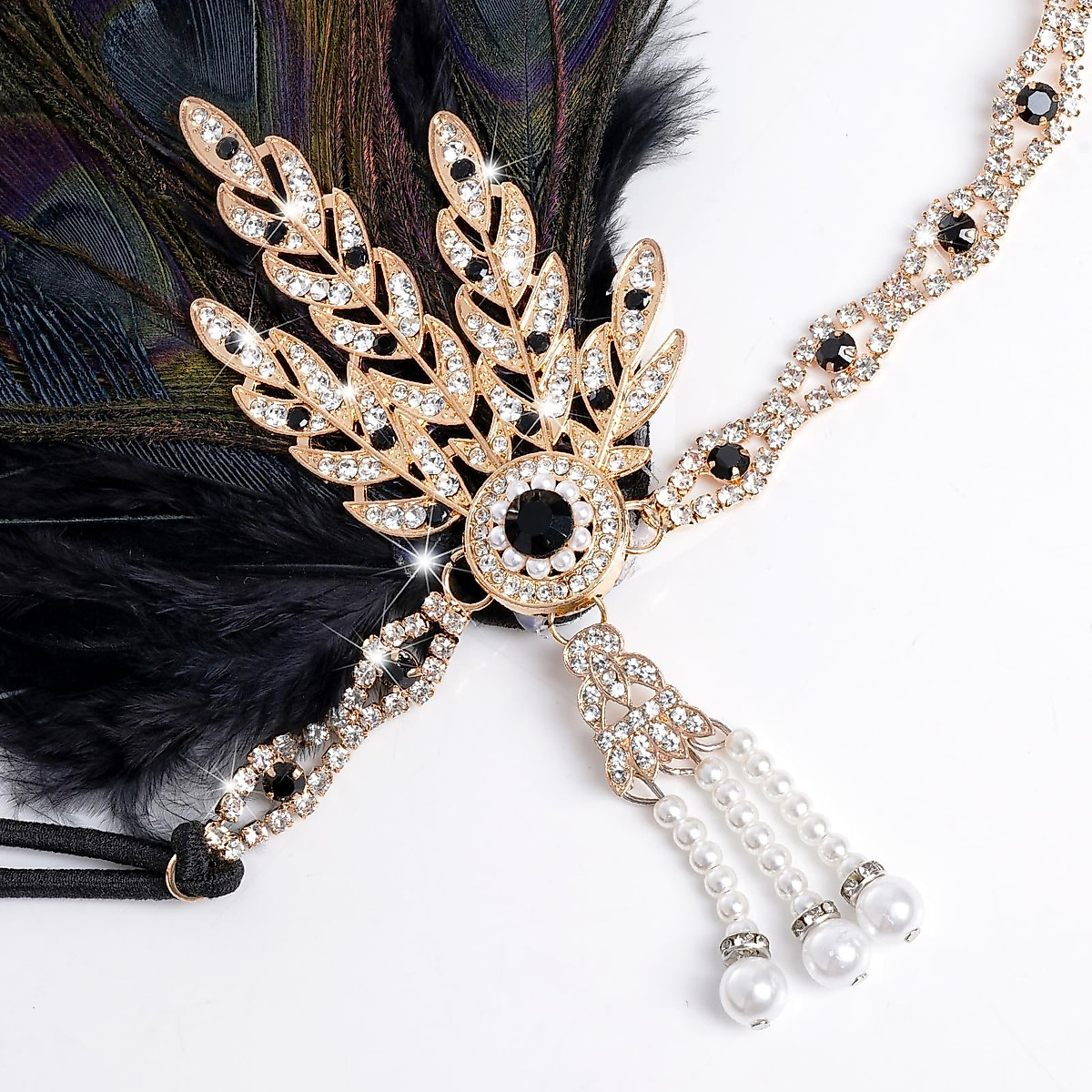 Tongcloud 1920s Flapper Feather Headband Roaring 20s Gatsby Headpiece Women's 1920s Headband Flapper Feather Headpiece (Black)