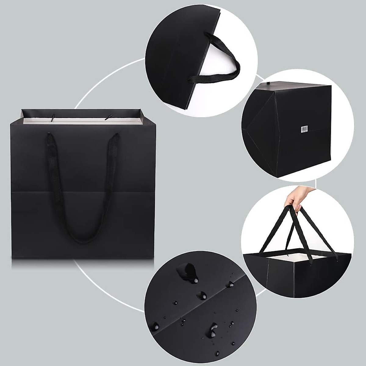 Yerpkefey 11.8" Large Gift Bag，Square Reusable Gift Bags Large for Birthday Wedding Christmas Presents Doll (Black)