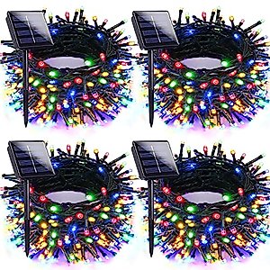 EXF 4pk Multi-Colored Solar Christmas Lights Outdoor Waterproof, 100LED 33FT Solar Powered LED String Lights Green Wire with 8 Modes, Solar Fairy Lights for Xmas Tree Party Wedding Garden Decorations