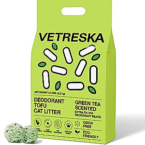 VETRESKA Tofu Cat Litter,Natural Kitty Litter Strong Clumping Flushable Cat Litter Pellets Ultra Absorbent Deodorant Tofu Litter,Dust-Free,Low Tracking,Eco-Friendly,Green Tea(5.5lb×1bag)