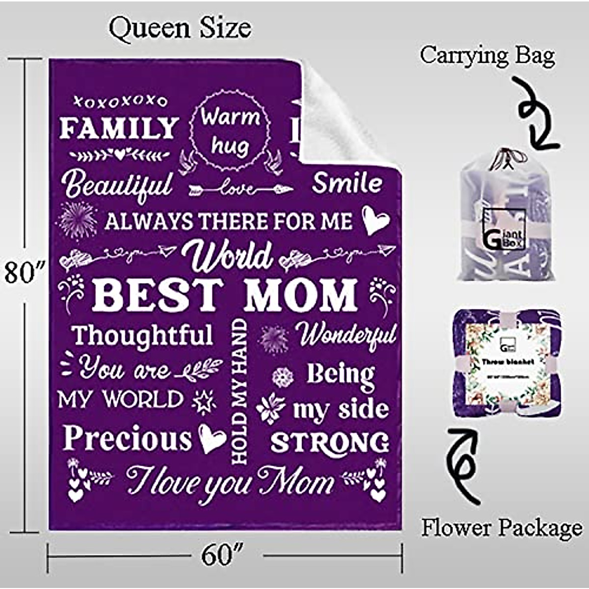 Gift Throw Blanket for Mom in English with Thankful, Thoughtful and Respectful Words, Queen Size 80"*60" Purple (English)