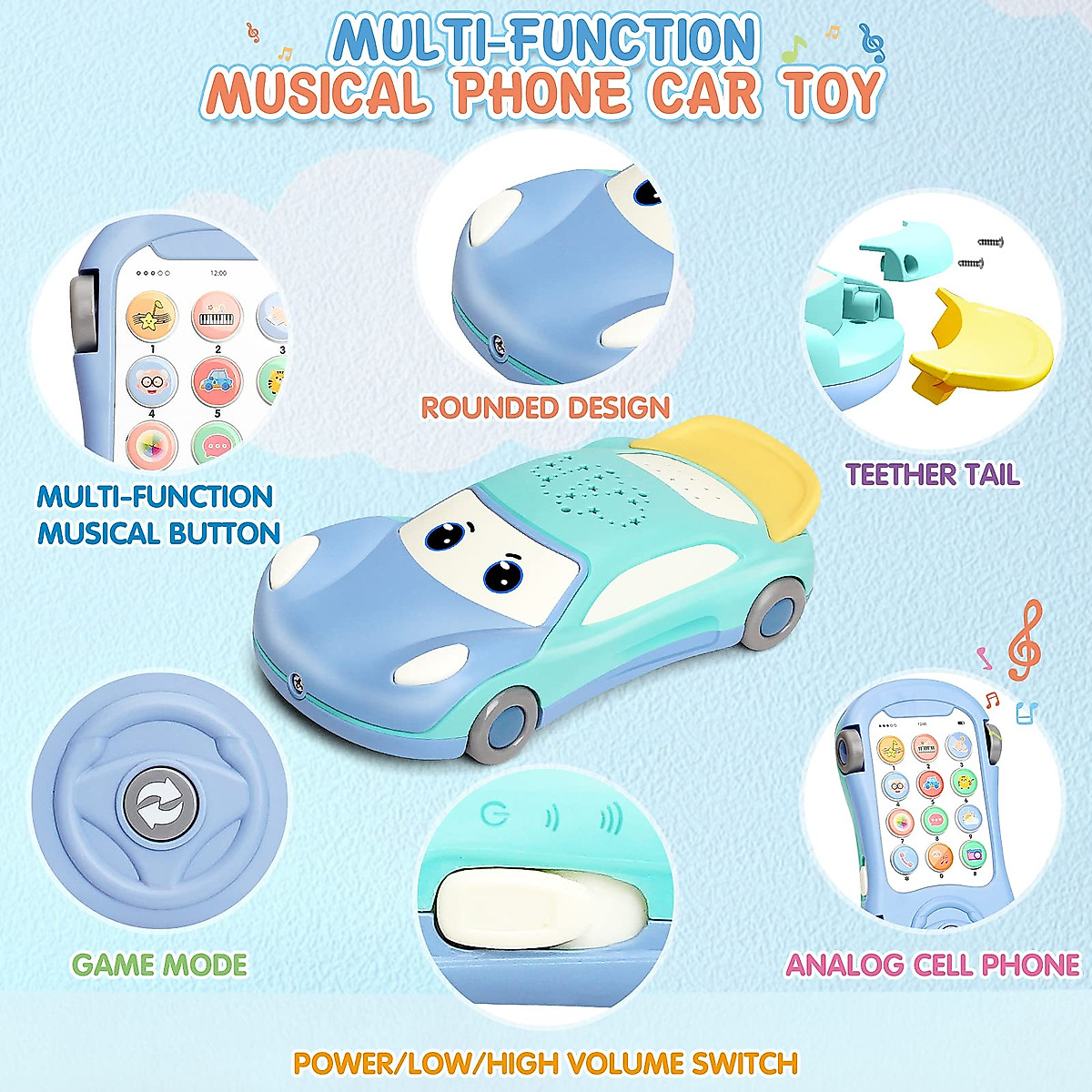 keefun Baby Cell Phone Toys for 1 Year Old Boy, Musical Car Toys with Star Projector, Toy Phone Baby Toys 12-18 Months, Early Education Learning Toys for 1 2 3 Years Old Boy Girl
