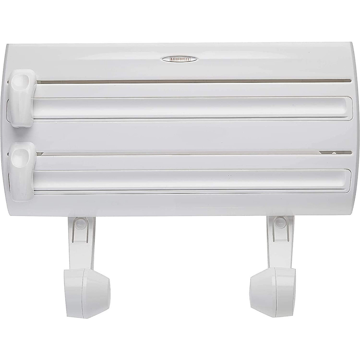 Leifheit 25771 4-in-1 Wall-Mount Paper Towel Holder | Plastic Wrap and Foil Dispenser with Spice Rack | White