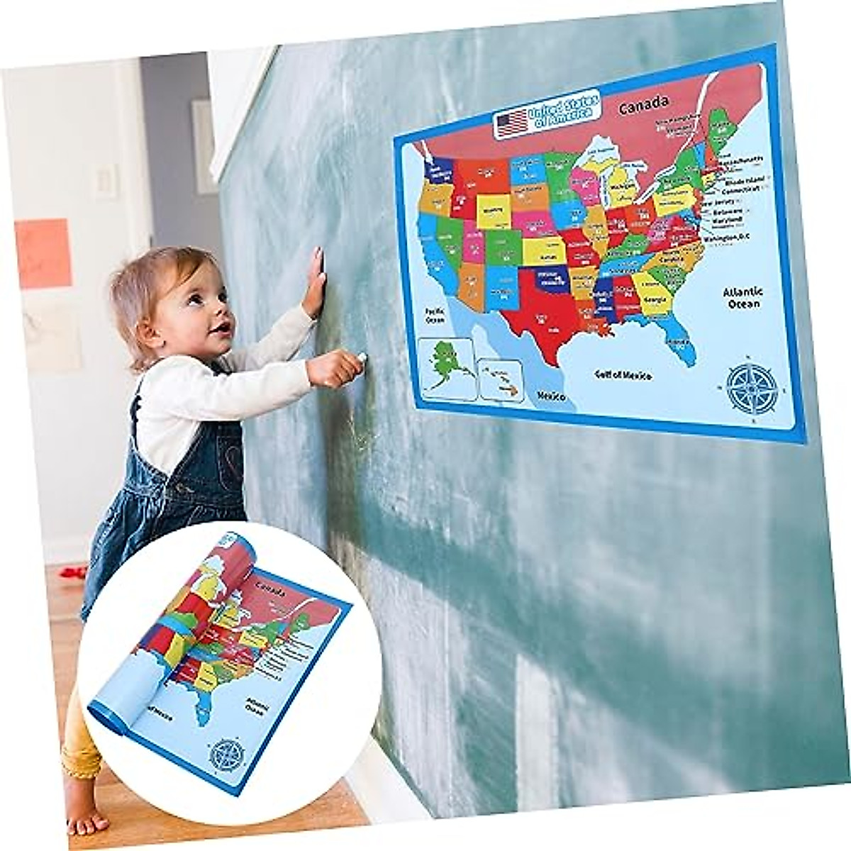 NUOBESTY Cognitive Learning Posters 4 Sheets United States map poster US map synthetic paper supply accessory accessories playroom decor accessory Cartoon hanging pictures