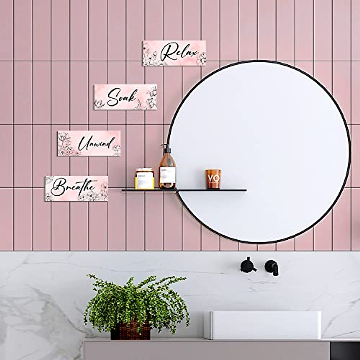 Creoate Pink Bathroom Wall Decor 4 Pieces Relax Soak Unwind Breathe Minimalist Bathroom Signs Floral Print Wooden Hanging Wall Decor for Women Small Farmhouse Home Bathroom