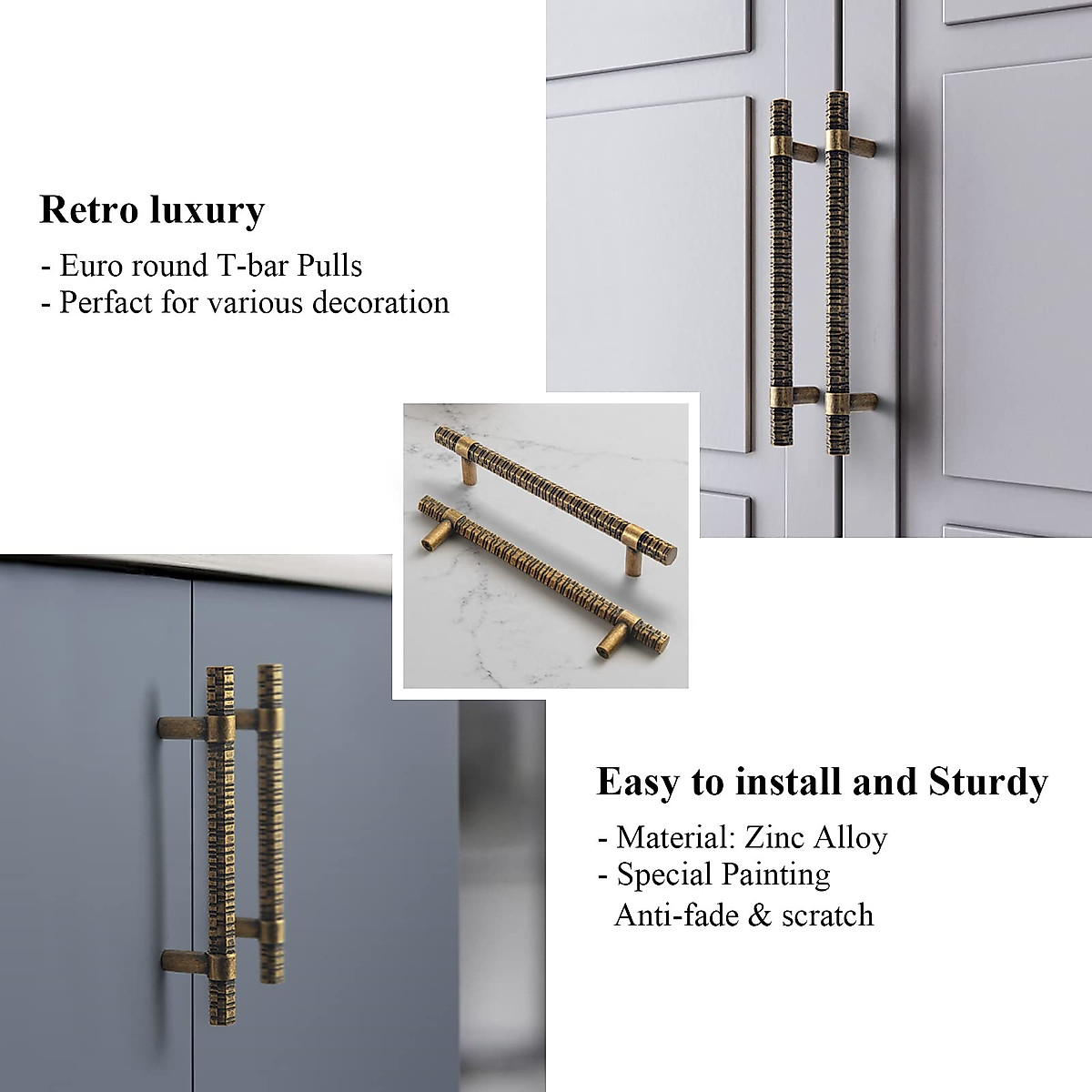 Goo-Ki Antique Brass T Bar Cabinet Pulls/Affordable Luxury Zinc Alloy Cabinet Handles with Knurled/5.04'' (128mm) Hole Center,6 Pack