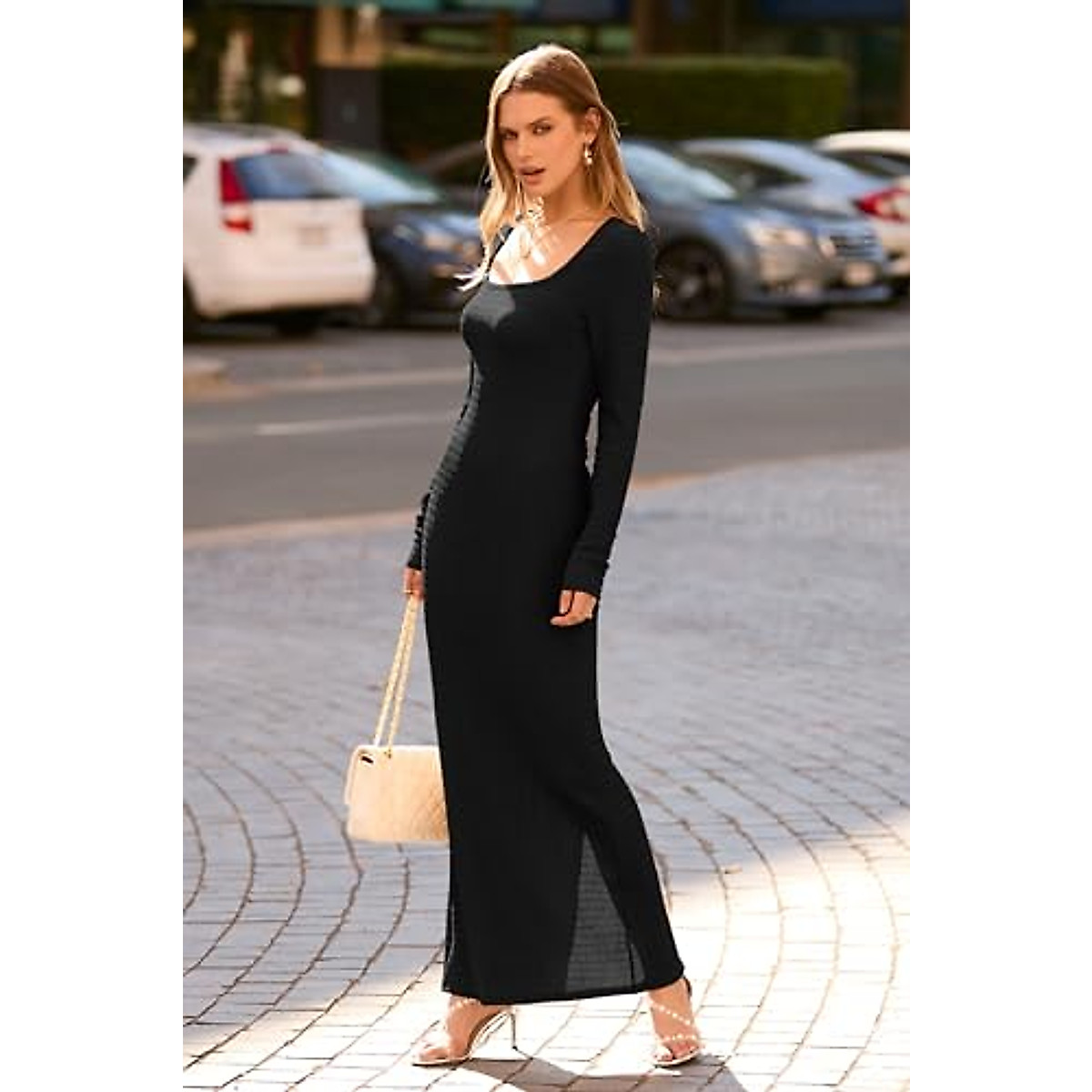 PRETTYGARDEN Women's 2024 Fall Maxi Bodycon Dress Long Sleeve Square Neck Long Fitted Mermaid Dresses (Black,Small)