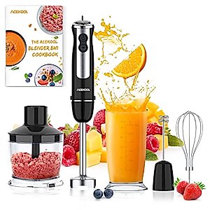 Acekool Immersion Hand Blender, 5-in-1 Handheld Blender 800W Powerful Copper Motor, 12 Speed Turbo Mode, 20 oz Beaker with Measuring Mark, 17 oz Food Chopper for SmoothiesStainless Steel Blades, Whisk