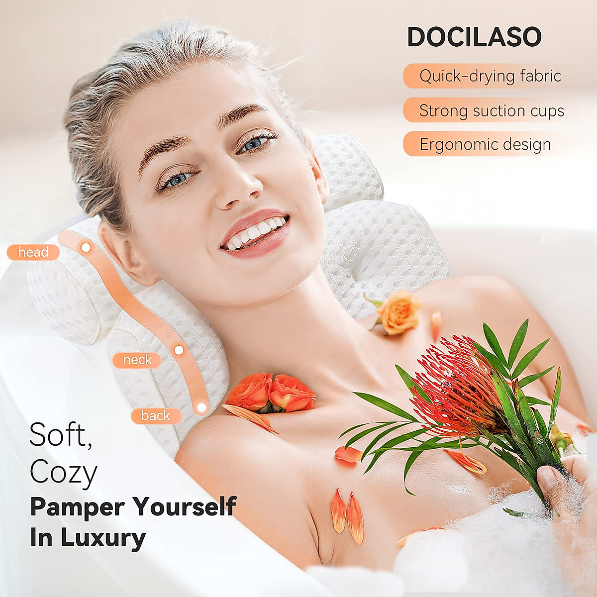 Docilaso Bath Pillow, Quick Dry Bathtub Pillow with 4D Air Mash Technology and 7 Suction Cups for Neck and Back Support, Suitable for All Bathtub, Hot Tub, Jacuzzi and Home Spa