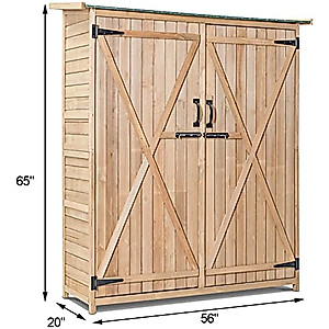 GRAFFY Outdoor Storage Shed, Wooden Garden Tools Cabinet with 2 Lockable Doors and Handles, Organizer Cabinet with Tilted Asphalt Roof, for Outside Garden and Yard