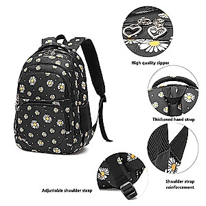 ZHIERNA School Backpack 3PCs Daisy Prints Set With Lunch Bag, Bookbags with Pen Case For Teen Girls Kindergarten Elementary（Black）