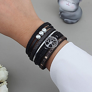 FANCY SHINY Tree of Life Leather Wrap Bracelet Inspirational Cuff Bangles Boho Pearl Bracelets with Clasp Unique Jewelry Gifts for Women(Black)