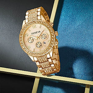 FANMIS Unisex Luxury Pave Floating Crystal Diamonds Calendar Quartz Watch with Stainless Steel Link Bracelet (B Gold)