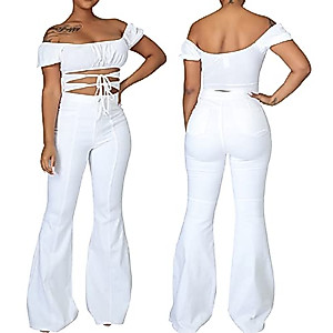 CuteCherry Women Bell Bottom Jeans Ripped White Skinny Flared Jean Bell Bottom Pants