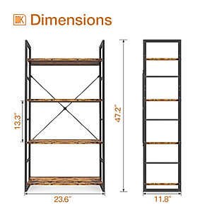 ODK Bookshelf, 4 Tier Shelf Storage Organizer, Modern Book Shelf with Metal Frame for Bedroom, Living Room and Home Office, Rustic Brown