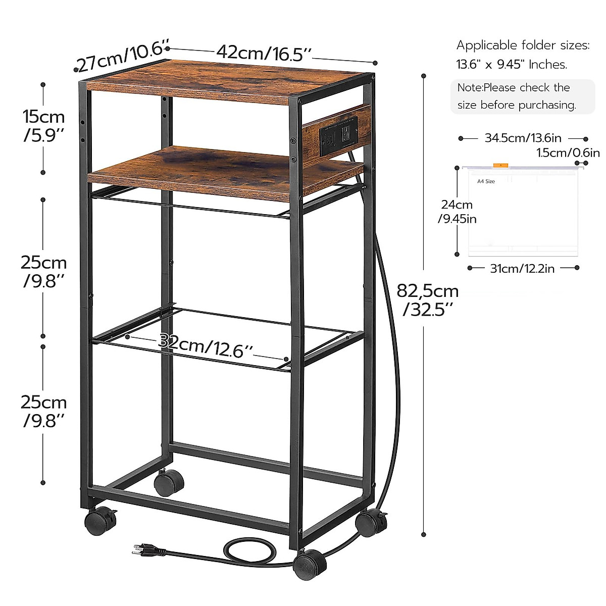 HOOBRO File Cart, Filing Cabinet with Outlet and USB Ports, 2 Tiers Metal Rolling File Cart, Pull-Out Filing Holder, Only Suitable for A4 Size Folders, Home Office, Rustic Brown and Black BF81UWJ01