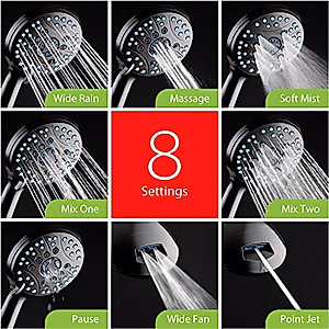 AquaCare High Pressure 8-mode Handheld Shower Head - Anti-clog Nozzles, Built-in Power Wash to Clean Tub, Tile & Pets, Extra Long 6 ft. Stainless Steel Hose, Wall & Overhead Brackets
