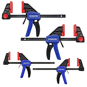 WORKPRO Mini Bar Clamps for Woodworking, 6"(2) and 4-1/2"(2), 4-Piece One-Handed Clamp/Spreader, Light-Duty Quick-Change F Clamp with 150lbs Load Limit Blue