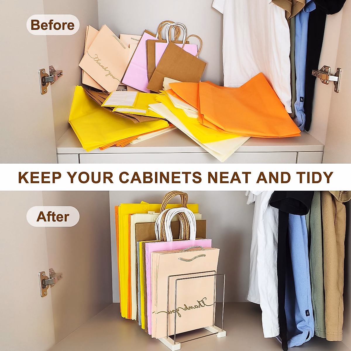 SHILFID Reusable Shopping Bag Organizer, Adjustable Extra Tall Metal Shelf Dividers for 50+Tote, Cloth,Gift,Grocery,Paper Bag Holder and Lunch Bags in Pantries, Cabinets or Closets