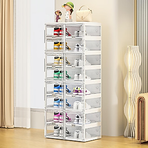 BINSIO Shoe Organizer, Portable Shoes Rack for Closet, Shoe Storage Boxes, Foldable Shoe Cabinet for Entryway, Easy Assemble Plastic Stackable Sneaker Bins with Magnetic Clear Doors, 8 Tiers 16 Pairs
