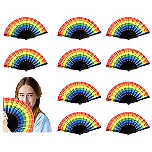 AMS Rainbow Hand Fans, Pride Fan Folding Hand Fan, Colorful Hand Held Fan, Plastic Folding Fan for Music Festival Events and Dance Supplies (10pcs Black Slats).
