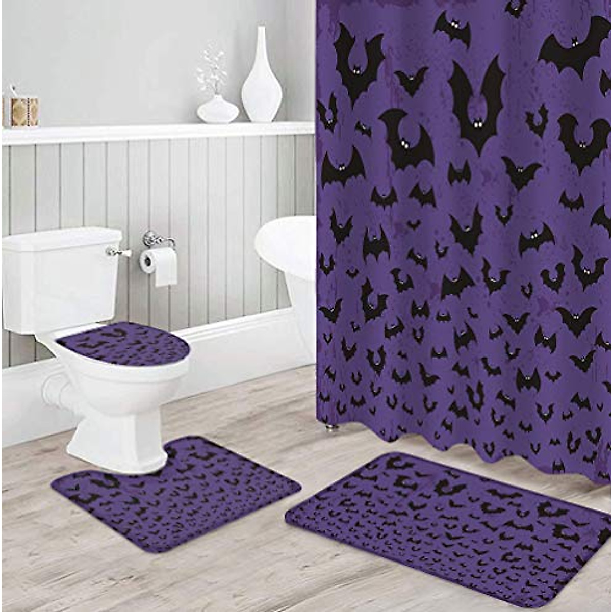 Halloween Scene 4 PCS Shower Curtain Sets, Shower Curtains with Plastic Hooks, Anti-Skid Rugs, Toilet Lid Cover and Soft Bath Mat, for Bathroom Decor Set Flock of Bats Silhouette Purple Style