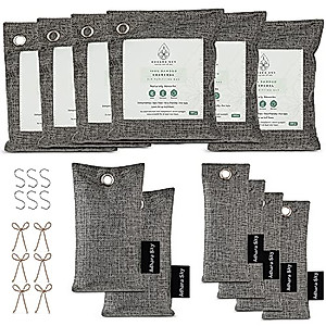 Adhara Sky 12 Pack Bamboo Charcoal Air Purifying Bag, Activated charcoal Bags Odor Absorber, Odor Eliminator for Home, Car, Office, Closet & House Deodorizer (6X200g,2X100g,4X50g,6 Hooks & Strings)