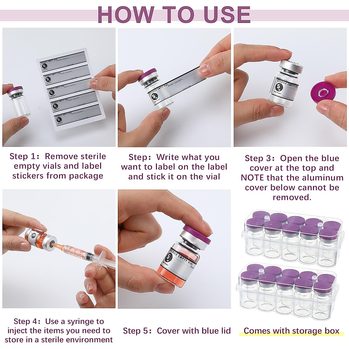 Threlaco 20 Sealed Sterile Empty Vials with Self Healing Injection Port Glass Penicillin Bottle with 20 Label Stickers (Purple,5ml)