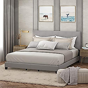 Furinno Laval Button Tufted Upholstered Platform Bed Frame, California King, Glacier