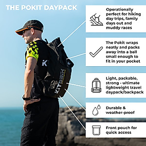 KitBrix POKIT Day Pack Travel Backpack - Swim & Gym Bag for Sports, Outdoors, Football, Rugby, Soccer, Swimming, Hiking, Camping, P.E Kits - Foldable Waterproof Rucksack 25L - Black