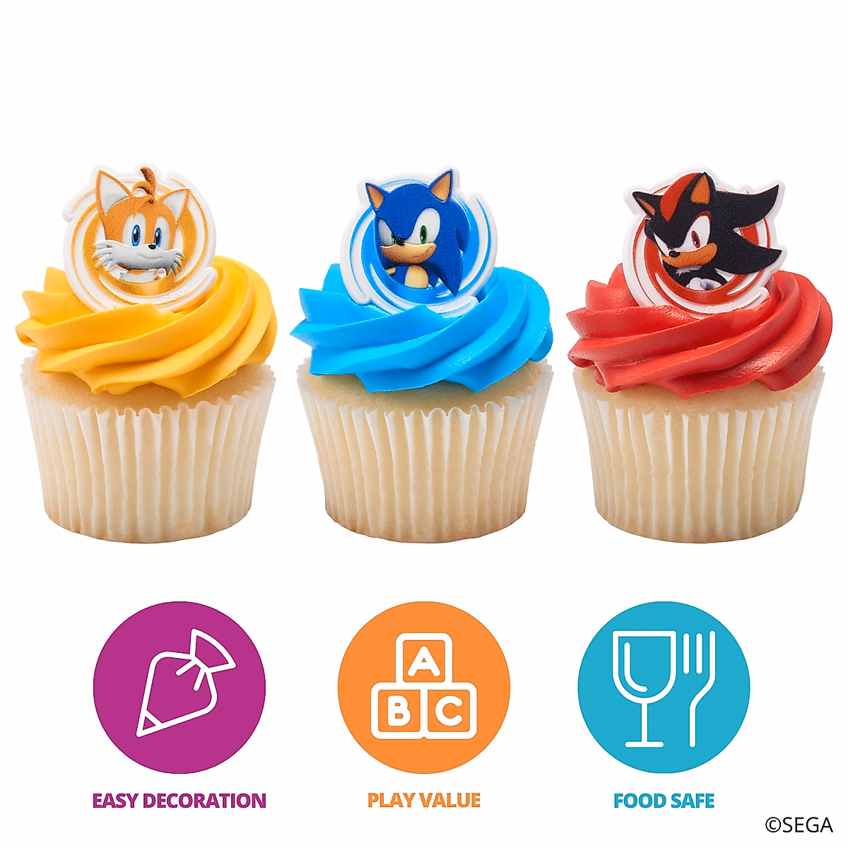 DecoPac Sonic the Hedgehog Rings, Cupcake Decorations Featuring Sonic, Tails, and Shadow - 24 Pack