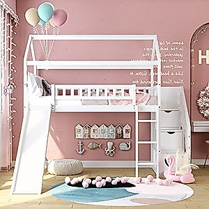 Harper & Bright Designs Loft Bed with Slide, House Loft Beds Twin Size with Step Storage Drawers Stairway Playhouse Bed for Kids Toddlers Girls/Boys, White