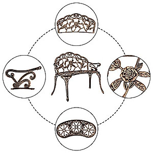 WEI WEI GLOBAL 38.5 Inch Aluminum Outdoor Bench, Garden Couple Seat for Patio, Yard, Park, Lawn, Armrest and Backrest w/Floral Rose, Bronze