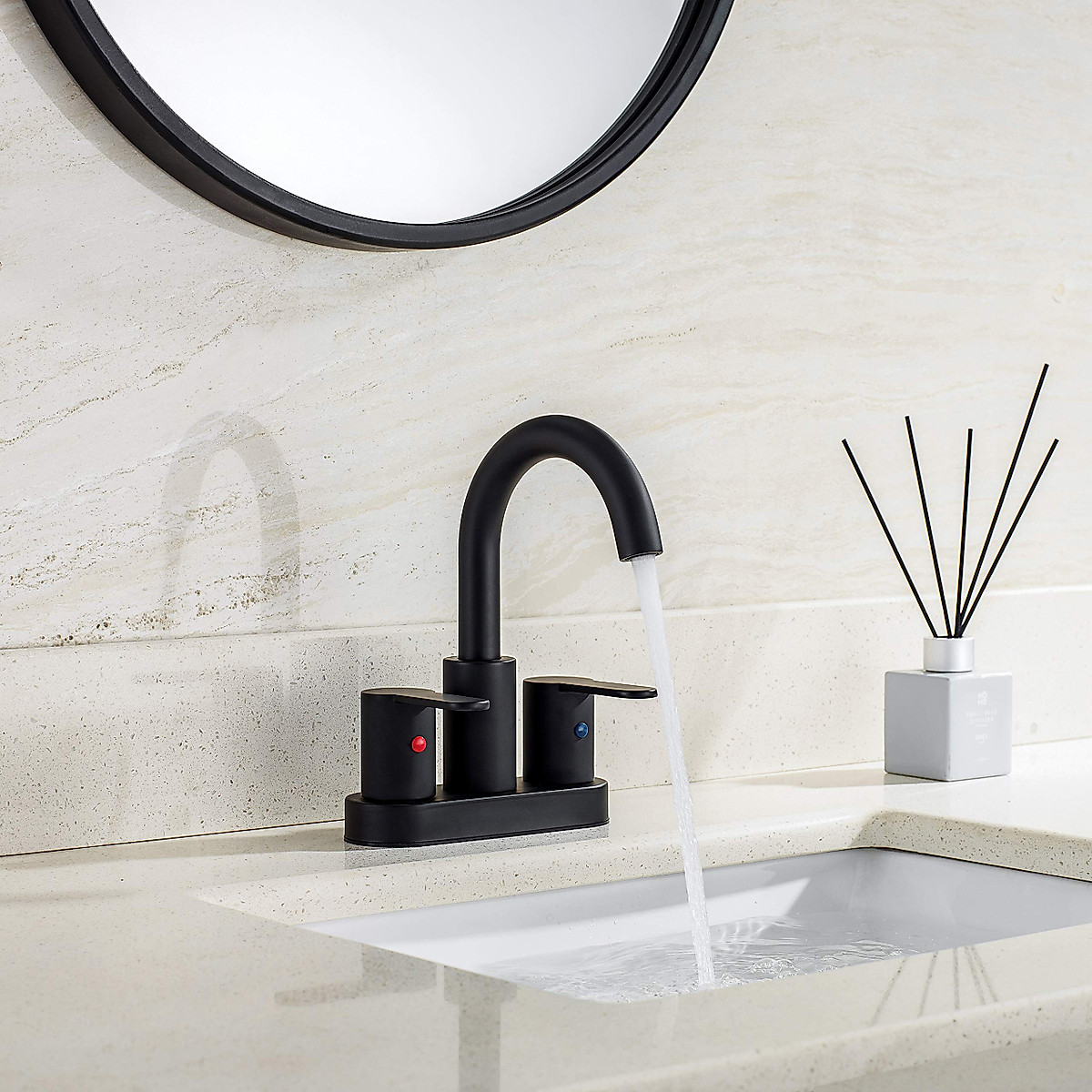 TimeArrow Matte Black Two Handle Centerset Bathroom Sink Faucet with Pop up Drain, High Arc Modern 4 Inch Bathroom Vanity Lavatory Faucet 3 Holes with Brass 360° Swivel Spout, TAF067E-MB