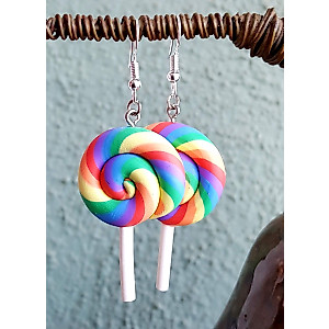 Colorful Rainbow Lollipop Dangle Earrings Sweet Lovely Swirl Lollipop Candy Pendant Drop Earrings Sugar Sweets Set for Women (Iridescent)