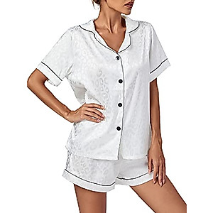Vrtige Women's Silk Satin Pajamas Leopard Print Button Down Short Sleeve and Shorts Pj Sets White Small