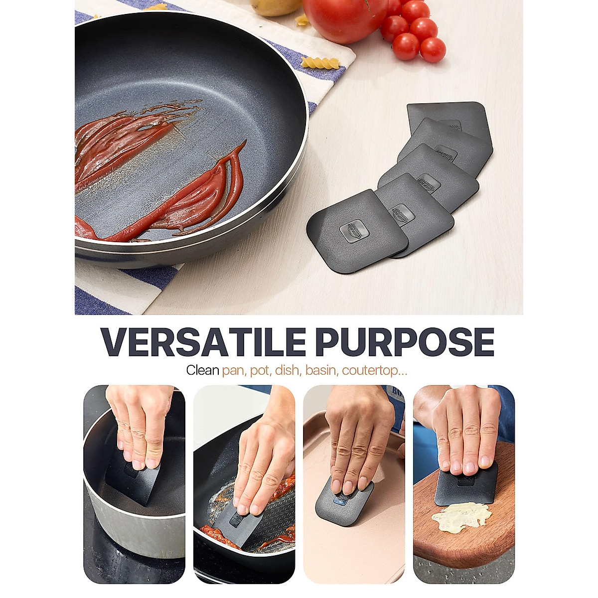 Pan Scraper, CLUEAPOP 5 Pcs Pot Scraper Plastic, Pot Scraper Non Scratch for Cast Iron, Pot and Pan Cleaning, Sturdy Scraper Kitchen Tool