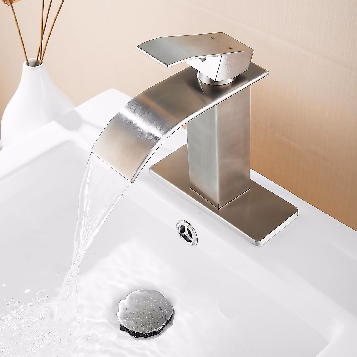 Fransiton Brushed Nickel Waterfall Bathroom Faucet Lavatory Single Handle 1 or 3 Hole Bathroom Sink Faucet Washbasin Faucet with Deck and Pop-up Drain