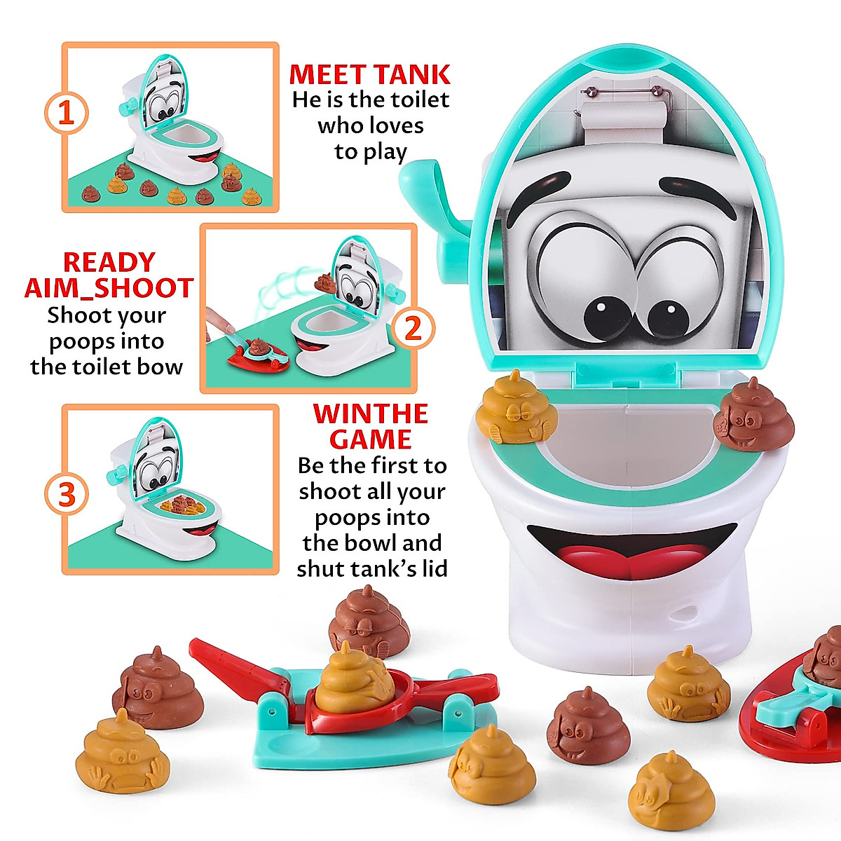 Red Stars Family Poop Shoot The Toilet Creative Toy for 4-12 Years Boys and Girls,Include 12 Poops, 2 Launchers and A Sticker