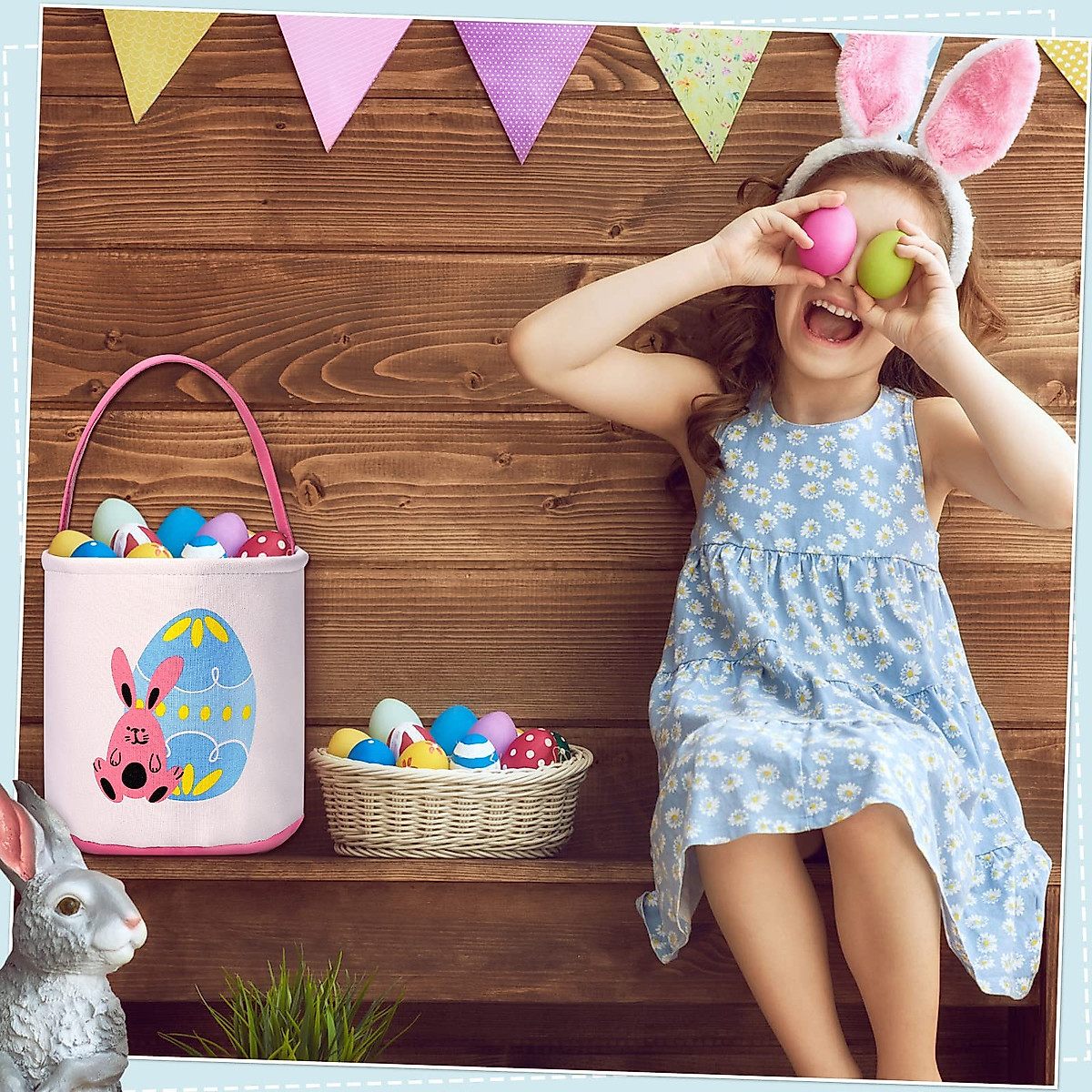 Honeydak 4 Pcs Easter Bunny Basket Bags for Kids Canvas Bunny Totes Bag Bucket for Easter Eggs Toys Rabbit Easter Hunt Basket with Handle Easter Party Decoration Personalized Eggs Candy Present Carry