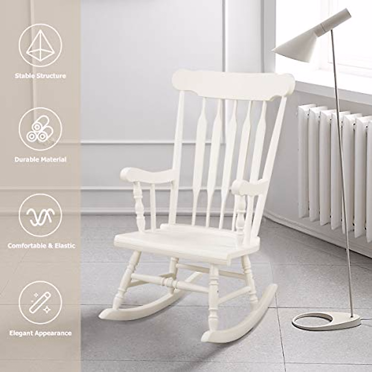 Giantex Rocking Chair Solid Wooden Frame Outdoor & Indoor Rocker for Garden, Patio, Balcony, Backyard Porch Rocker (1, White)