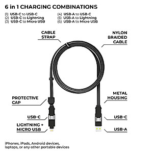 Rolling Square inCharge XL 6-in-1 Multi Charging Cable with 100W Ultra-Fast Charging Power, Portable USB and USB-C Cable, 6.5 Ft/2m, Urban Black