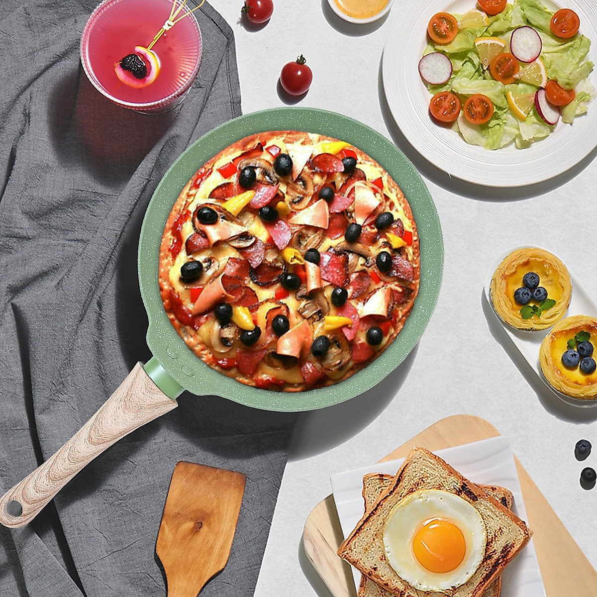 FTNESGYM Egg Pan Frying Pan Set, 7" 8.5" and 10" 3 Pieces Nonstick Crepe Pan Set, Omelet Pans, Flat Pan for Tortillas, Omelette, Pancake, Gas Stove Induction Compatible (Green)